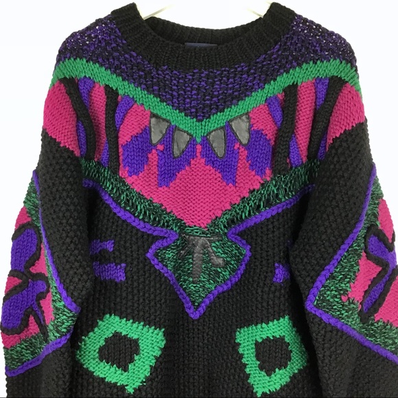 Vintage | Sweaters | Vintage 8s Abstract Hand Knit Geo Chunky Sweater ...